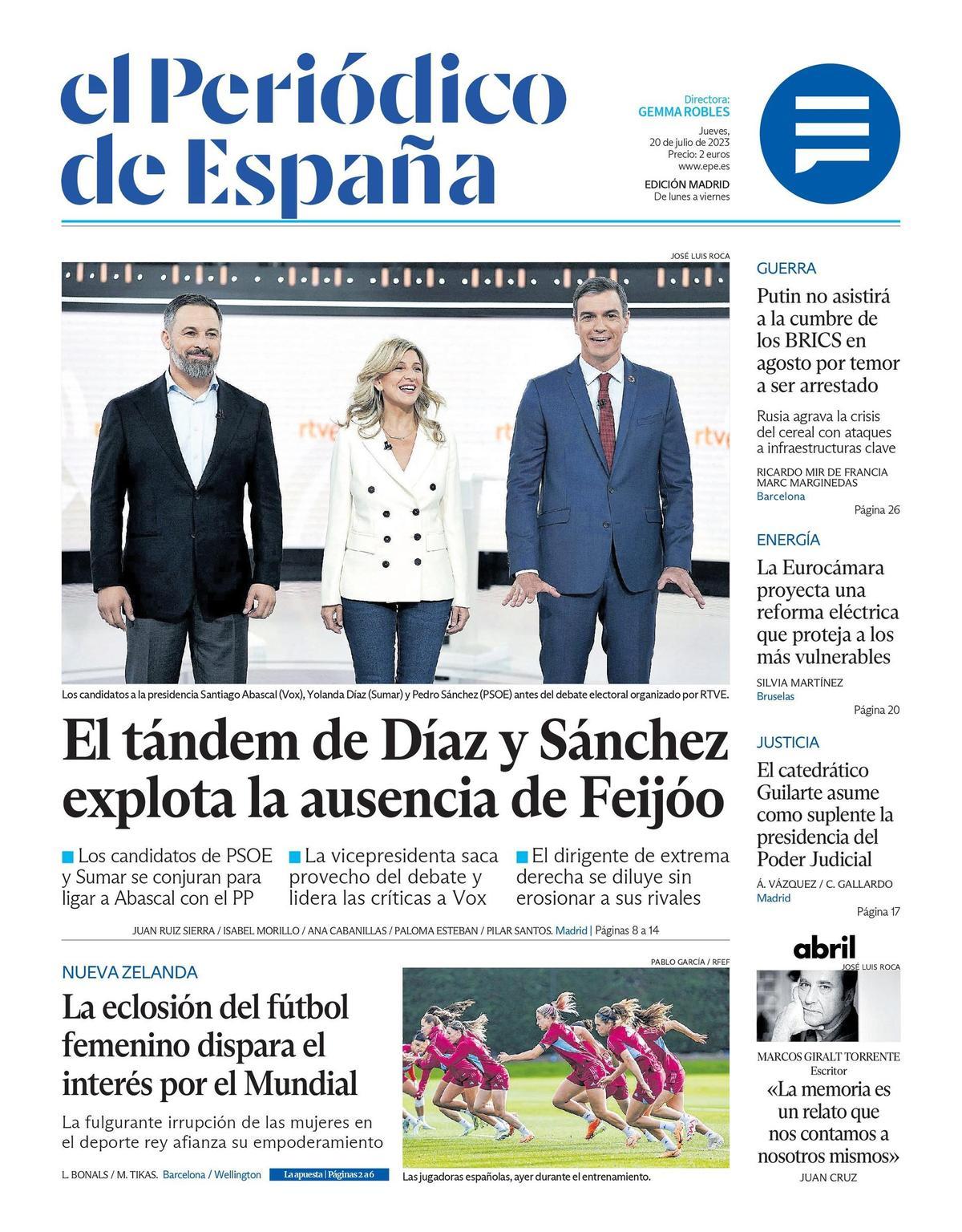 Portada de EL PERIÓDICO DE ESPAÑA del jueves 20 de julio del 2023. | El Periódico de España